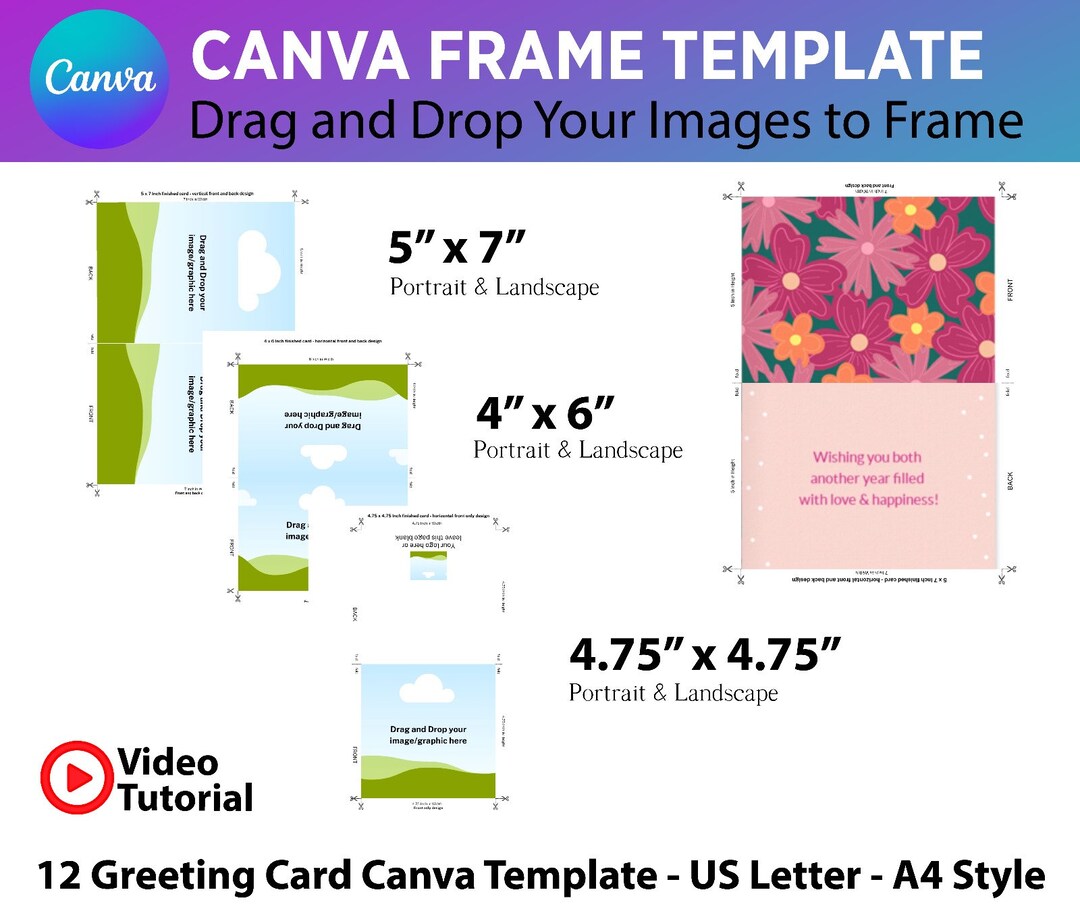 Greeting Card Drag & Drop 4x6, 5x7, 4.75x4.75 Printable Canva Card ...
