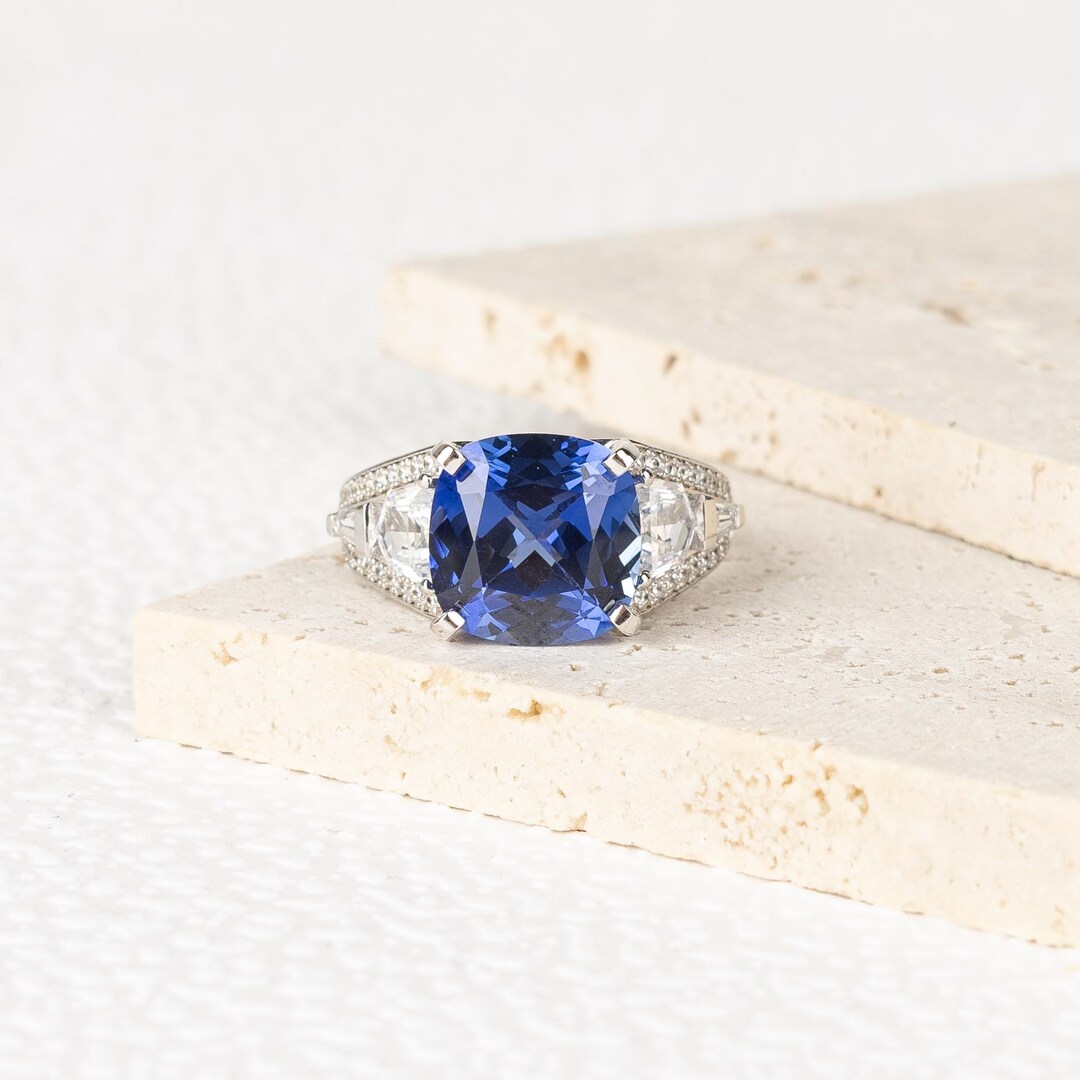Lab Grown Blue Sapphire Engagement Ring, Cushion Cut Three Stone Ring ...