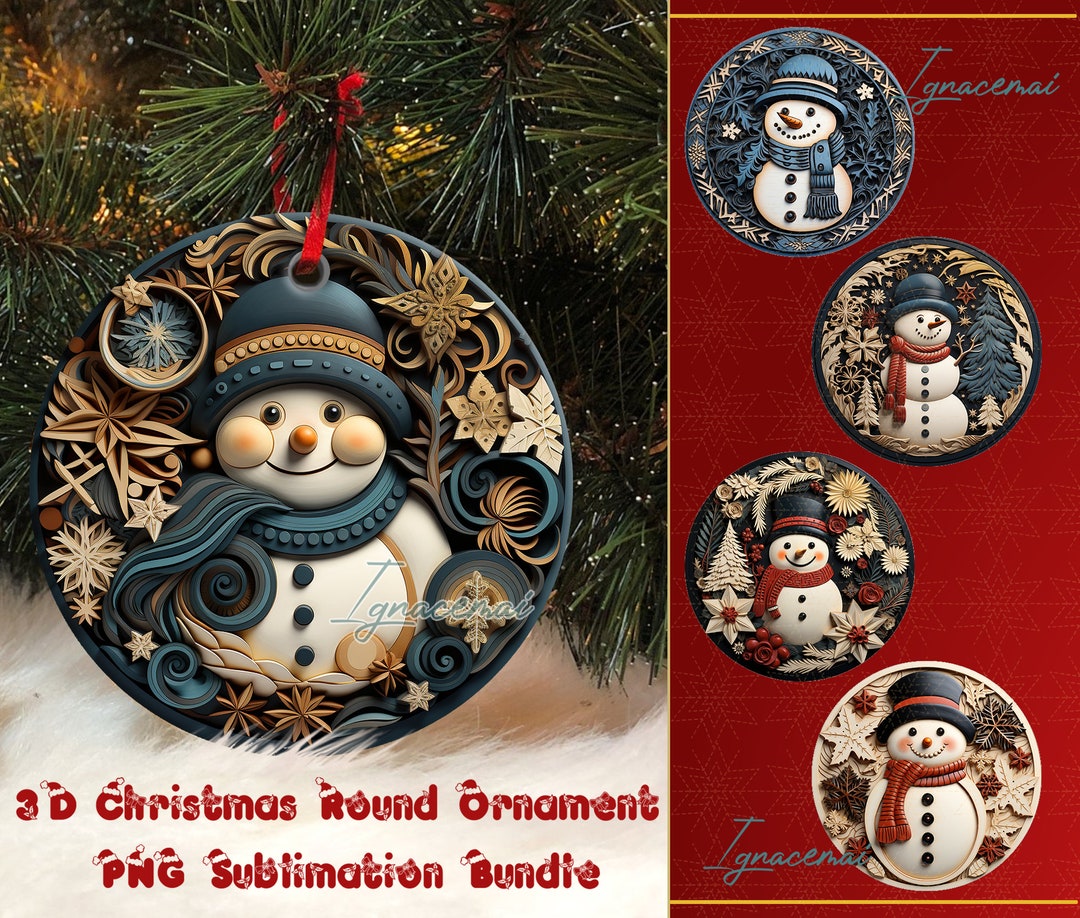 Snowman Round Designs PNG Bundle, 3D Christmas Ornament PNG Printable ...