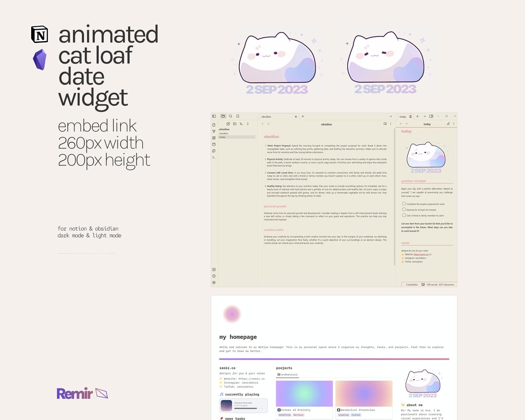 Animated Cat Loaf Date Widget ⊹ Notion & Obsidian ⊹ Automatic Date ...