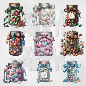 Valentine Candy Hearts PNG, Jars of Sweets Clipart, Candy Heart Jar PNG ...