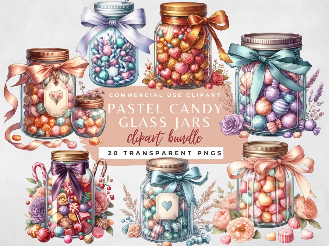 Jars of Sweets Clipart, Candy Heart Jar PNG, Pastel Candy Jar, Candy ...