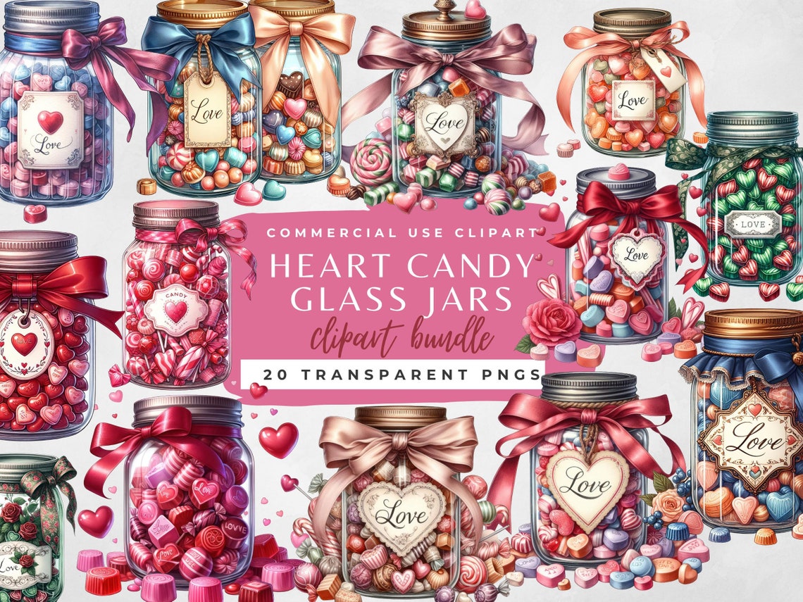 Candy Heart Clipart, Jars of Sweets Clipart, Valentine Candy Heart PNG ...