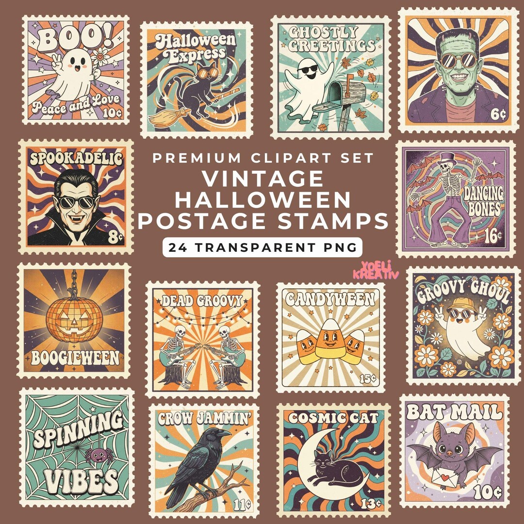 Vintage Halloween Postage Stamp Clipart Set, 24 Retro Halloween Mail ...