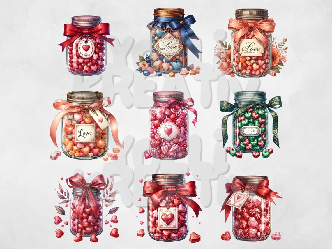 Candy Heart Clipart, Jars of Sweets Clipart, Valentine Candy Heart PNG ...
