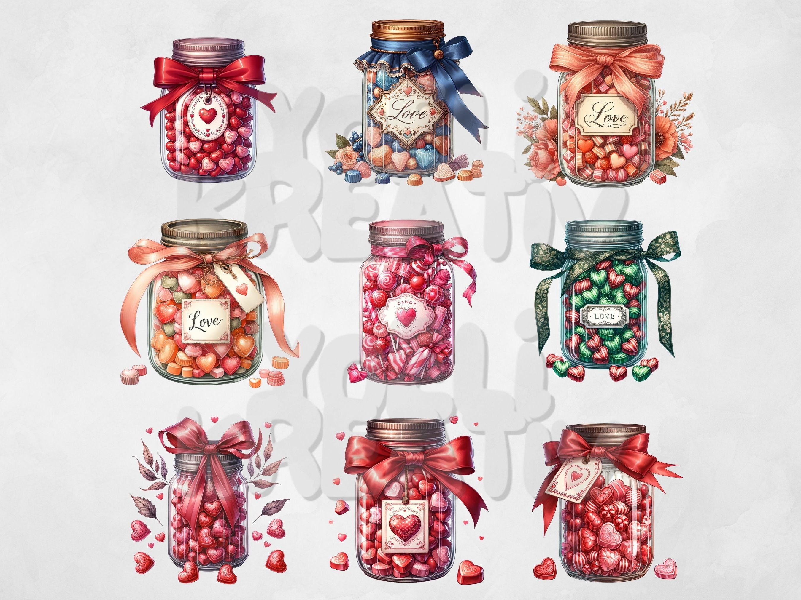 Candy Heart Clipart, Jars of Sweets Clipart, Valentine Candy Heart PNG ...