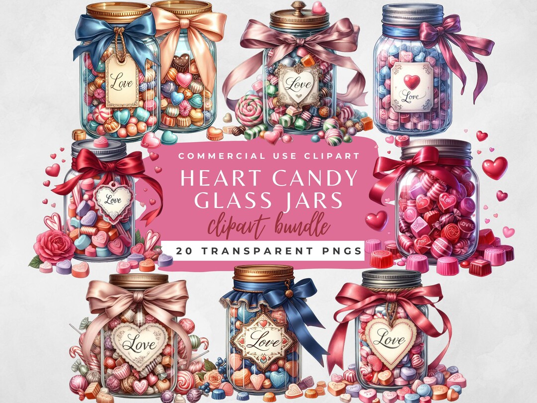 Candy Heart Clipart, Jars of Sweets Clipart, Valentine Candy Heart PNG ...