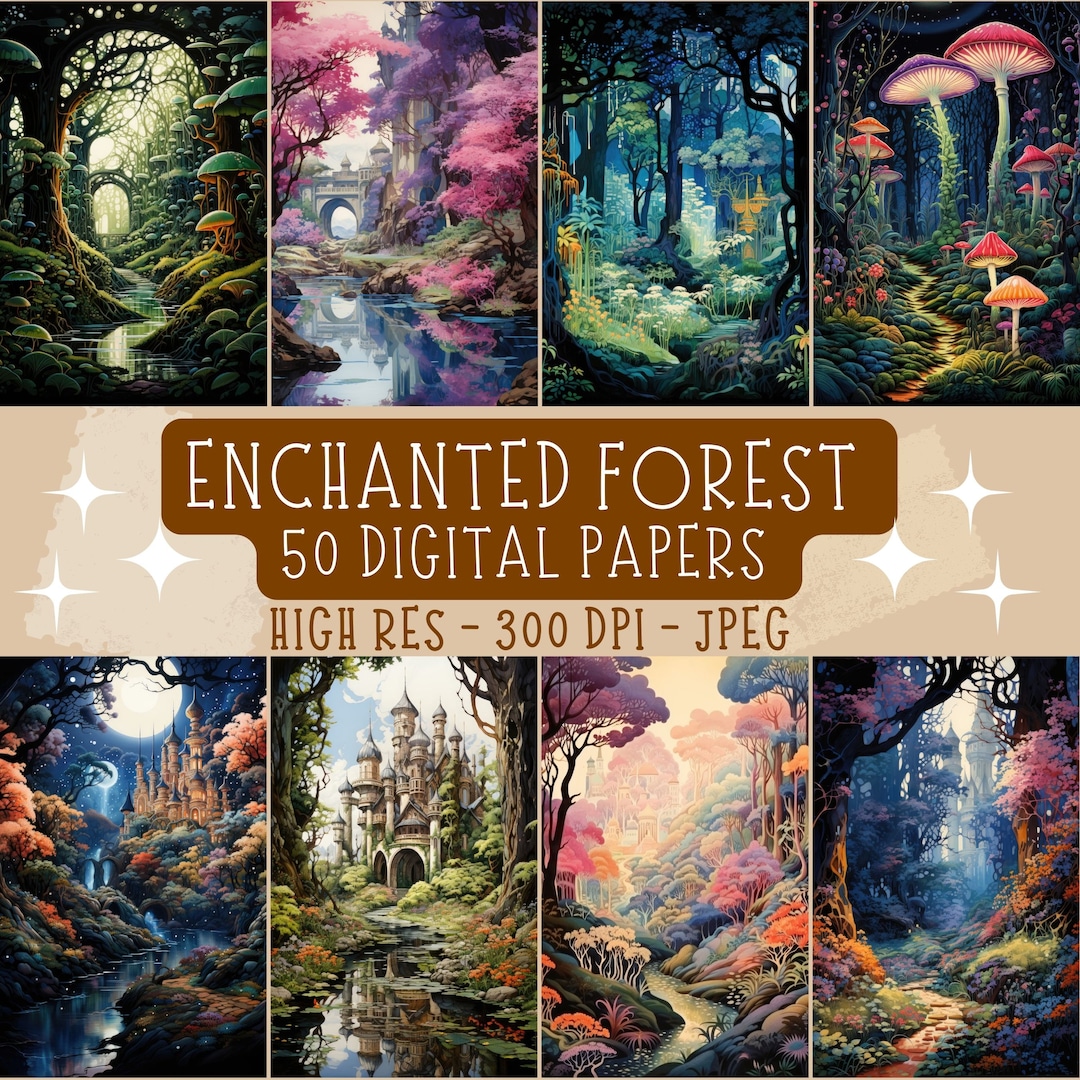 Enchanted Forest Digital Paper Printable Fantasy Mushroom Forest ...