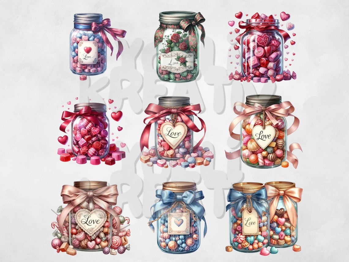 Candy Heart Clipart, Jars of Sweets Clipart, Valentine Candy Heart PNG ...