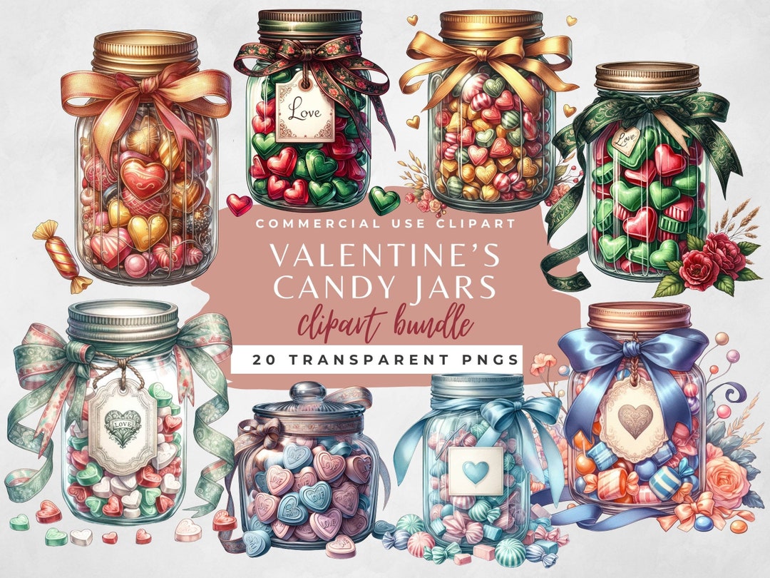 Valentine Candy Hearts PNG, Jars of Sweets Clipart, Candy Heart Jar PNG ...