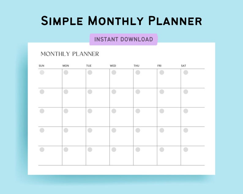 Minimal Monthly Planner | Printable Undated Calendar | Simple Monthly ...