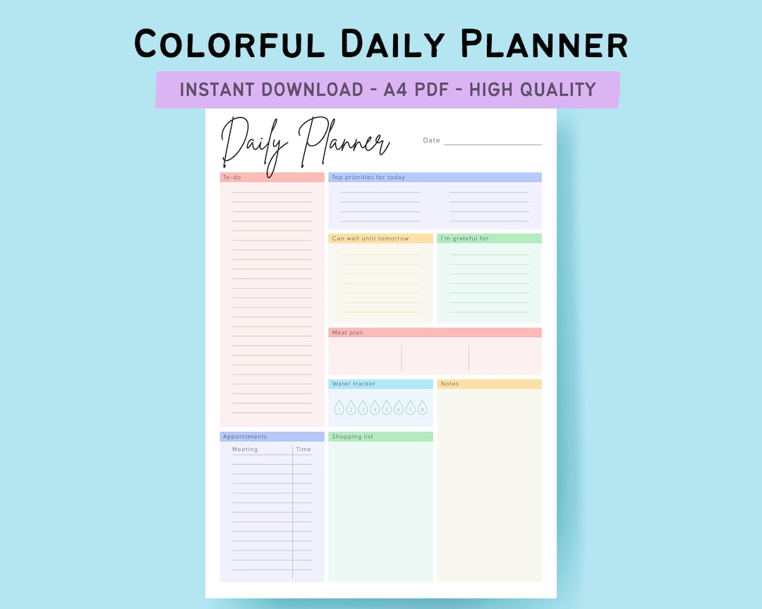 Colorful Daily Planner PDF, Productive A4 Printable To-do List, Meal ...