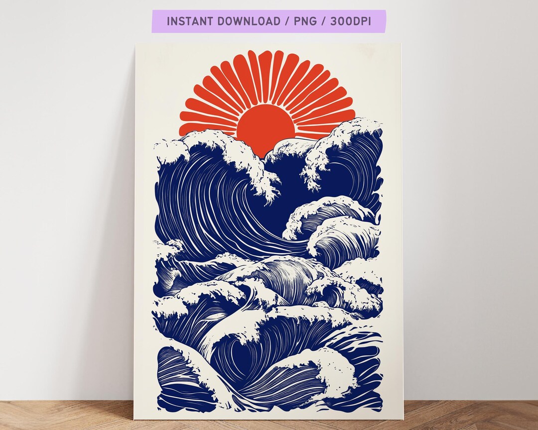 Minimalist Ocean Wave Digital Wall Art – Red Sun and Japanese Style Sea ...
