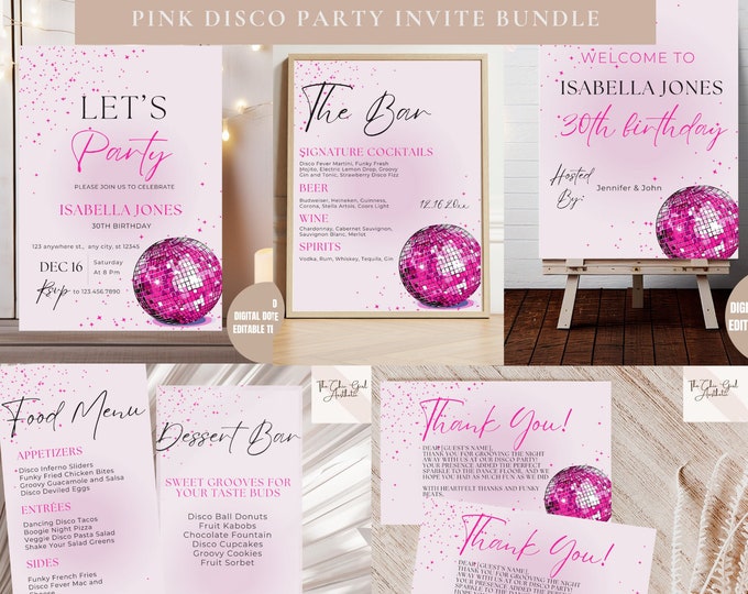 Pink Disco Party Editable Invite, Disco Party Bundle, Instant Download ...