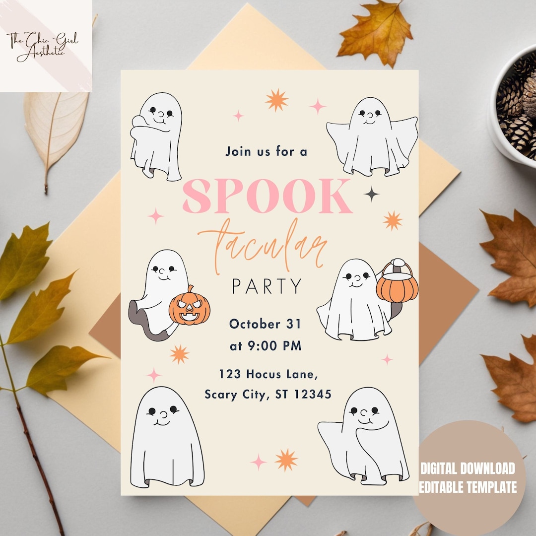 Editable Halloween Invitation, Spooky Vibes, Cute Ghost, Birthday Party ...