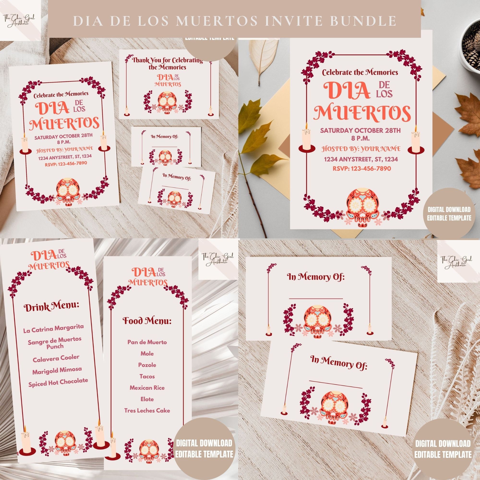 Editable Dia De Los Muertos Invitation Bundle, Sugar Skull, Day of the ...