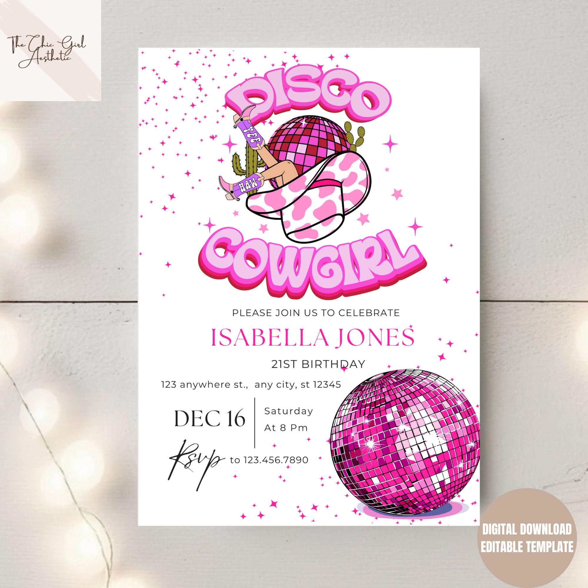 Editable Disco Cowgirl Party Invitation, Disco Party, Lets Go Girls ...