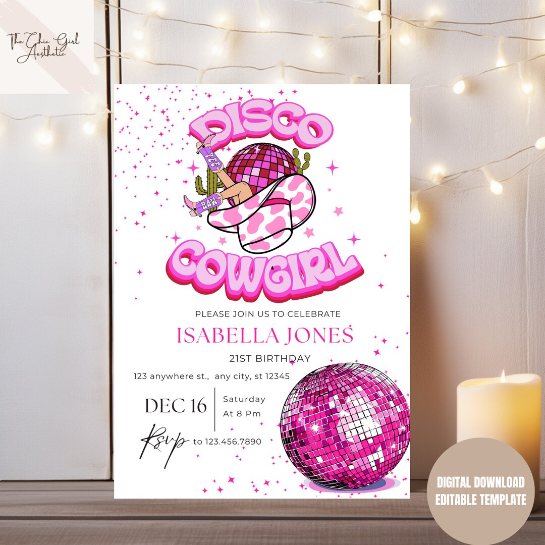 Editable Disco Cowgirl Party Invitation, Disco Party, Lets Go Girls ...