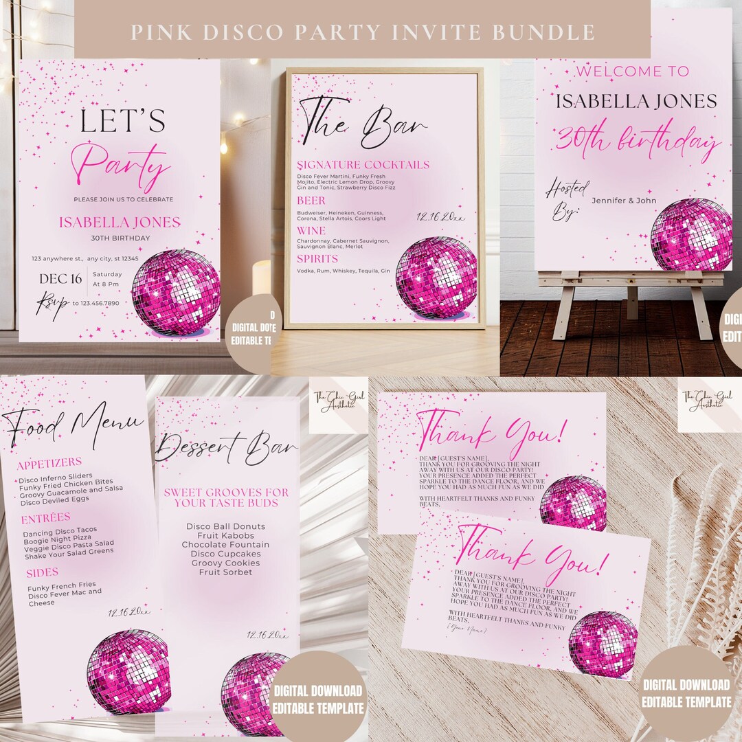 Pink Disco Party Editable Invite, Disco Party Bundle, Instant Download ...