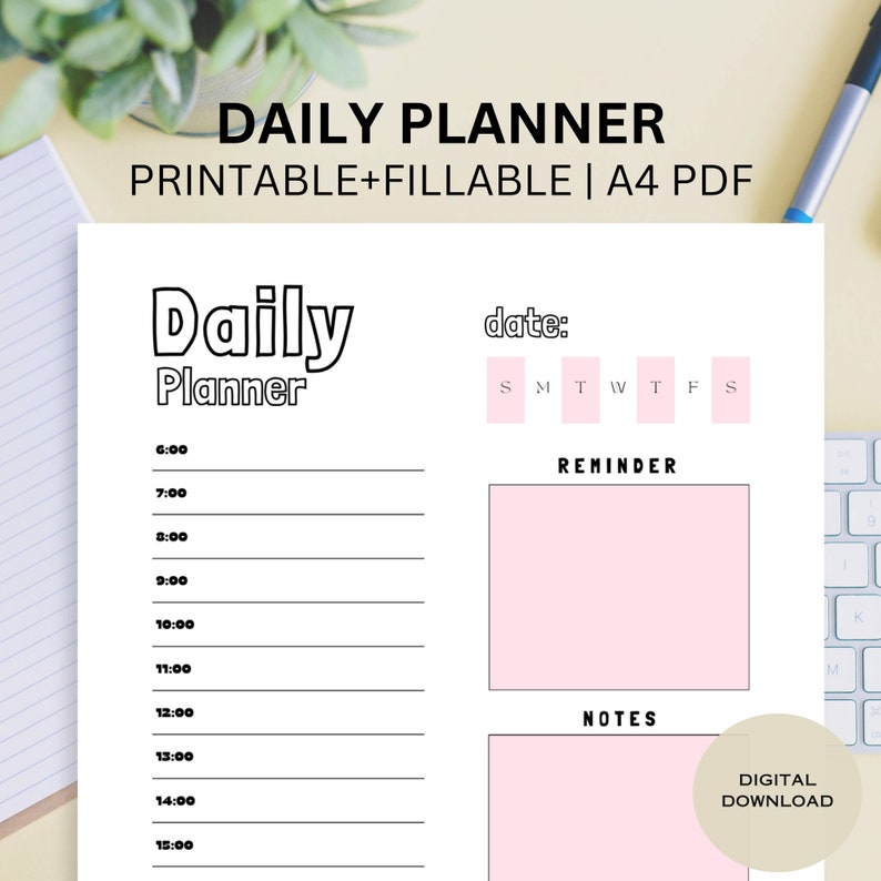 Printable Daily Planner A4 Size Downloadable Planners Pastel Pink - Etsy