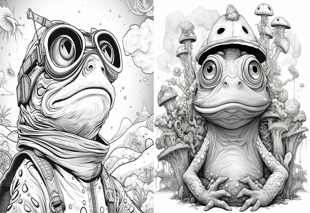 20 Page crazy Frog Grayscale Coloring Pages for Adults Kids, Dark/light ...