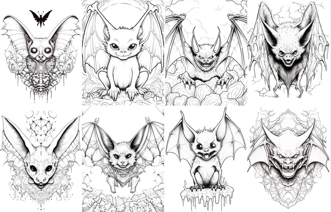 50 Batty Bat Grayscale Coloring Pages for Adults and Kids, Dark/light ...