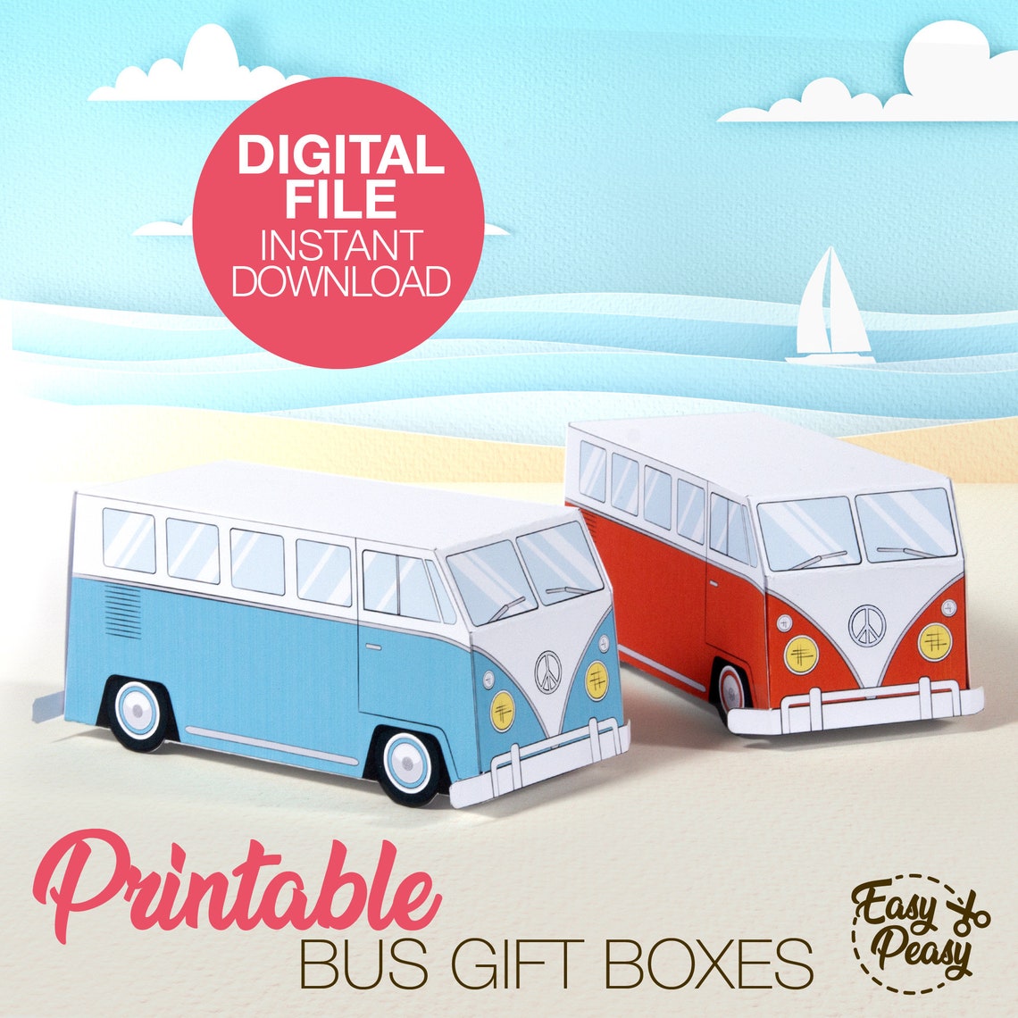 DIY Printable Retro Bus Candy Gift Boxes for Birthday Van Party Favor ...