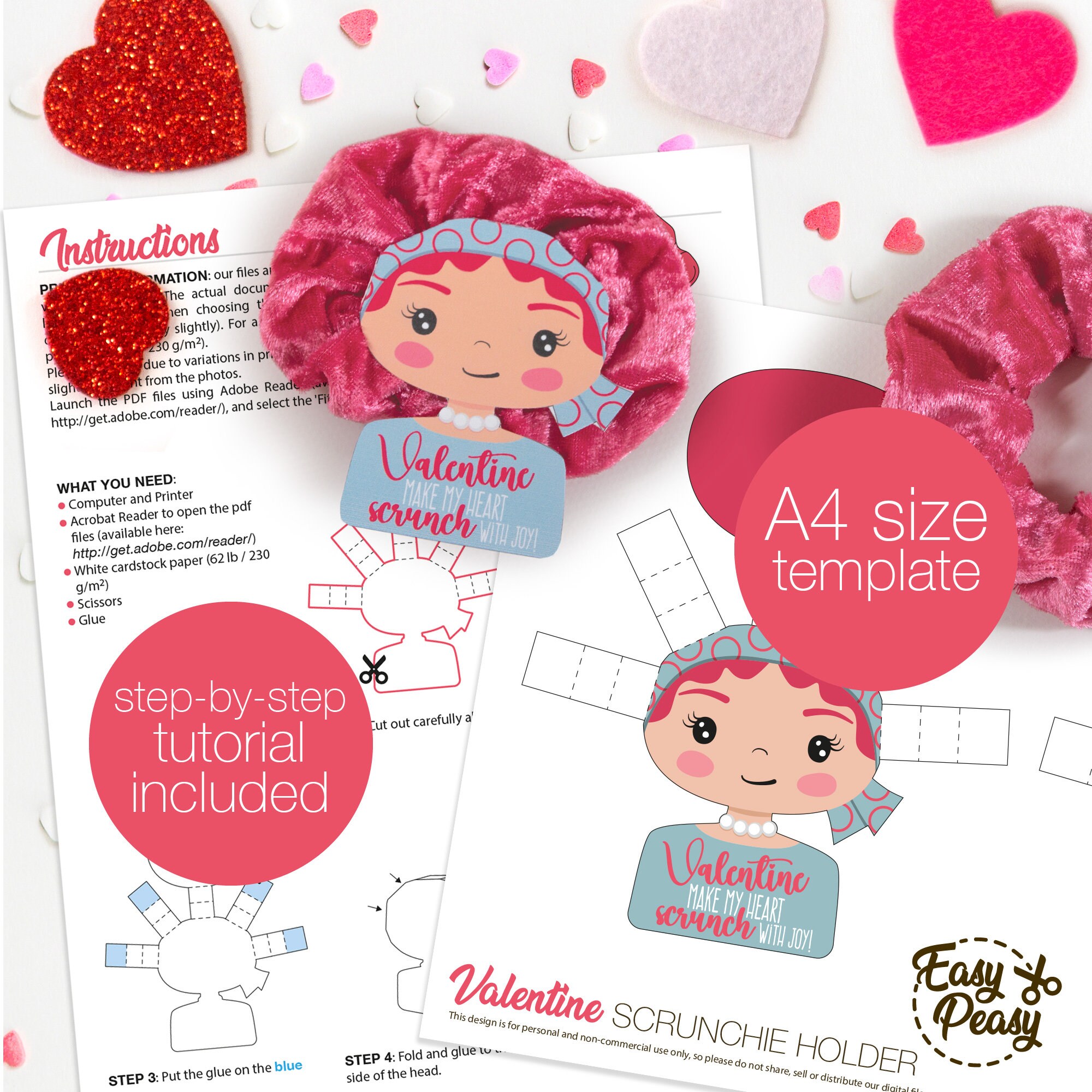 DIY Valentine’s Day Printable Scrunchie Holder (dark Pink Scrunchie ...