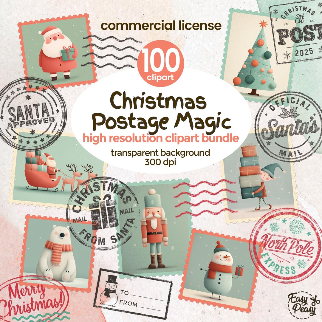 Vintage Christmas Stamps Clipart PNG Bundle | North Pole Mail & Holiday ...