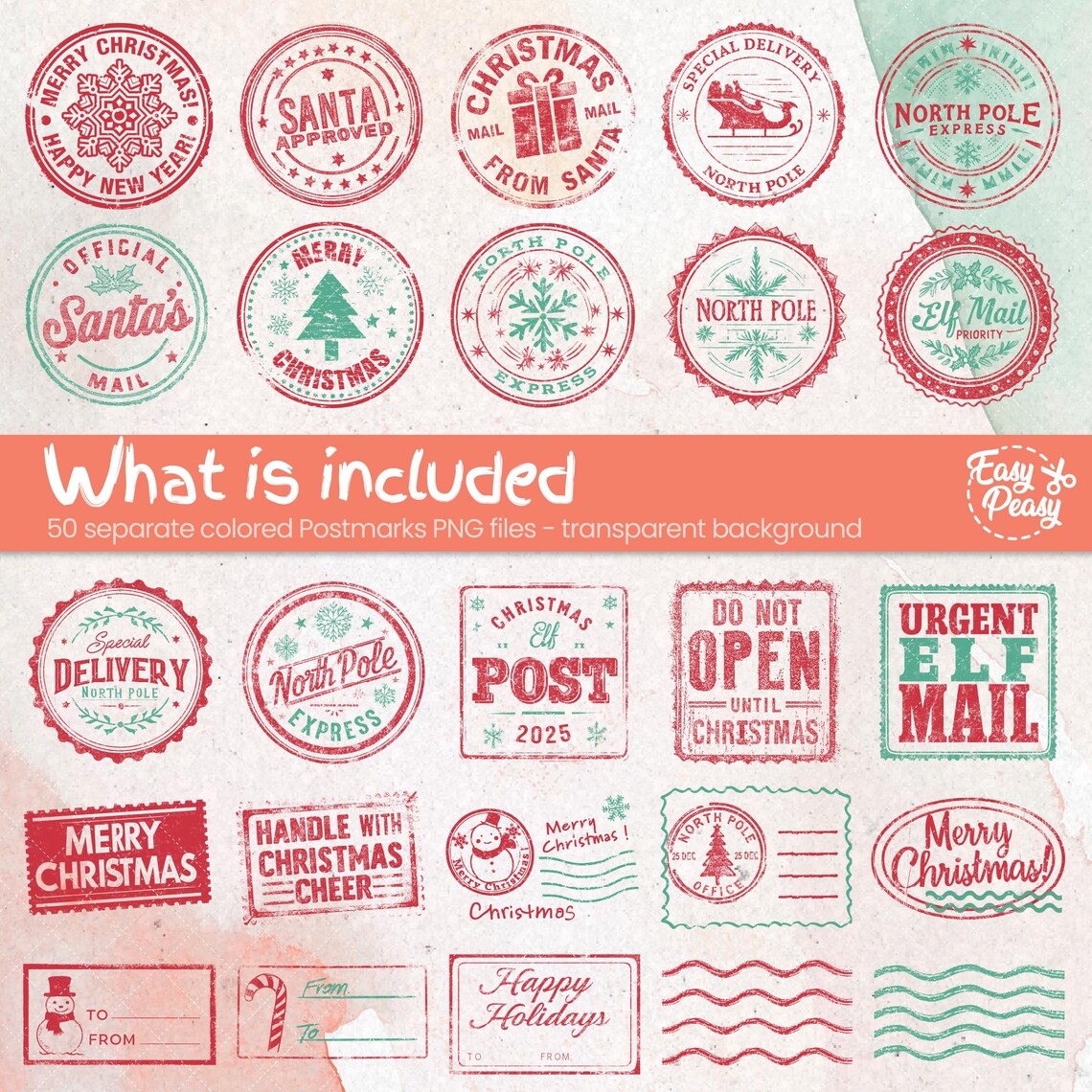 Vintage Christmas Stamps Clipart PNG Bundle | North Pole Mail & Holiday ...