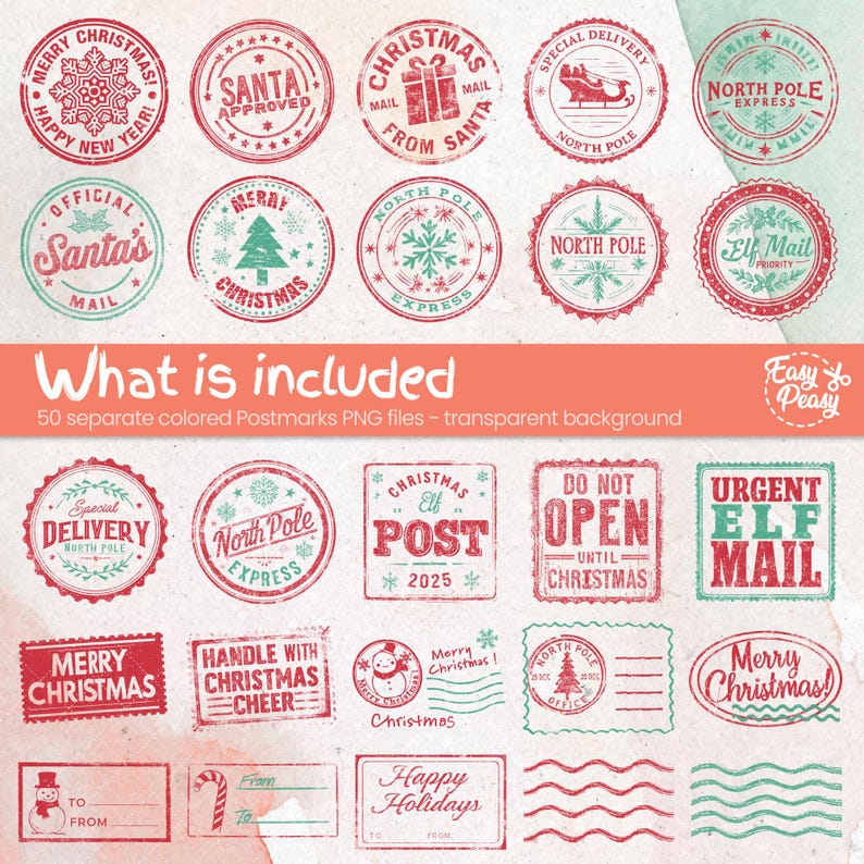 Vintage Christmas Stamps Clipart PNG Bundle | North Pole Mail & Holiday ...
