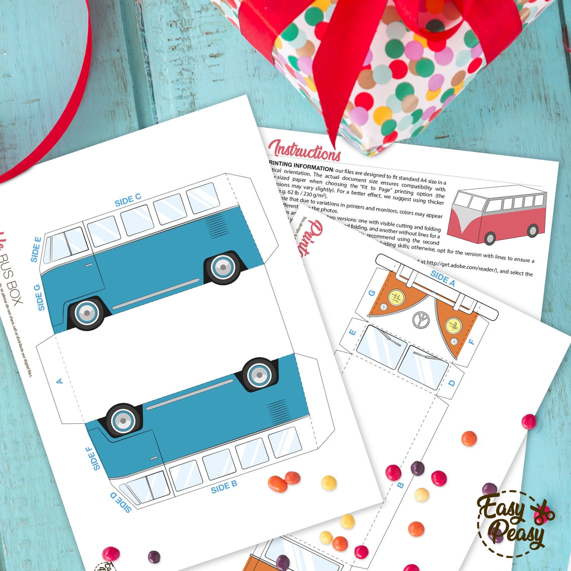 DIY Printable Retro Bus Candy Gift Boxes for Birthday Van Party Favor ...