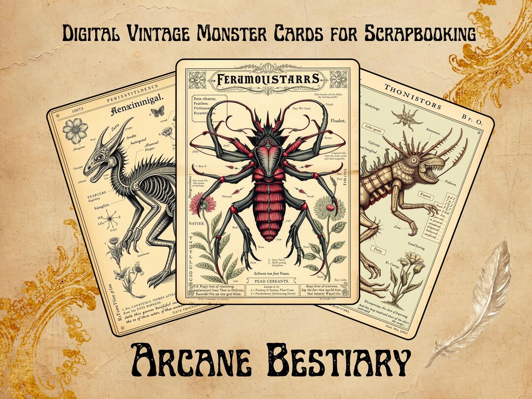 The Arcane Bestiary - 20+ Digital Vintage Monster Cards for Scrapbook ...