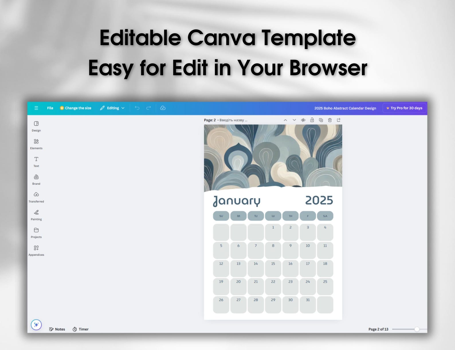 2025 Boho Abstract Wall Calendar, Yearly Calendar, Editable Canva ...