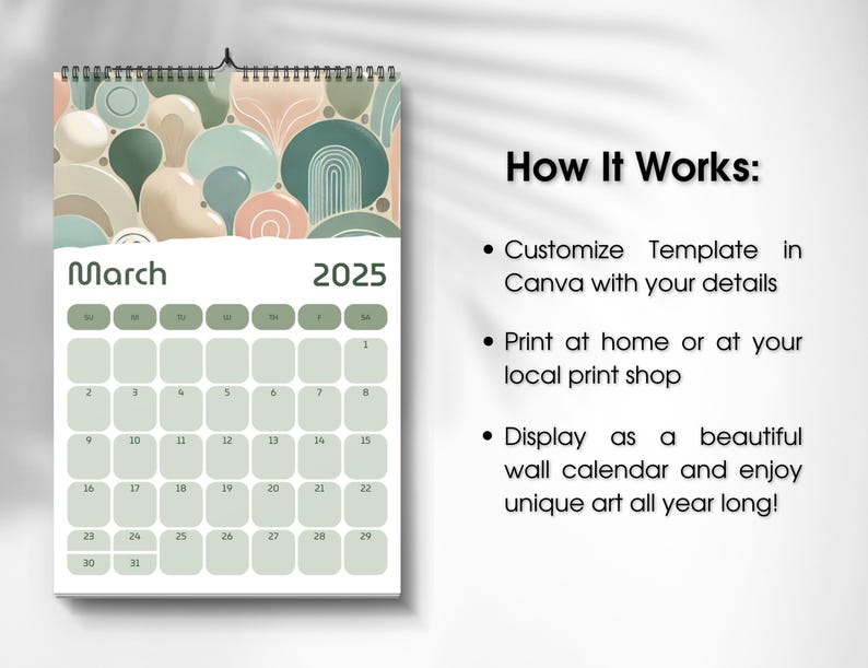 2025 Boho Abstract Wall Calendar, Yearly Calendar, Editable Canva ...