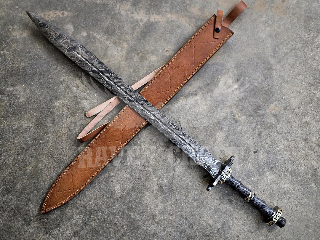 Handmade Damascus Steel Medieval Sword With Leather Sheath ...