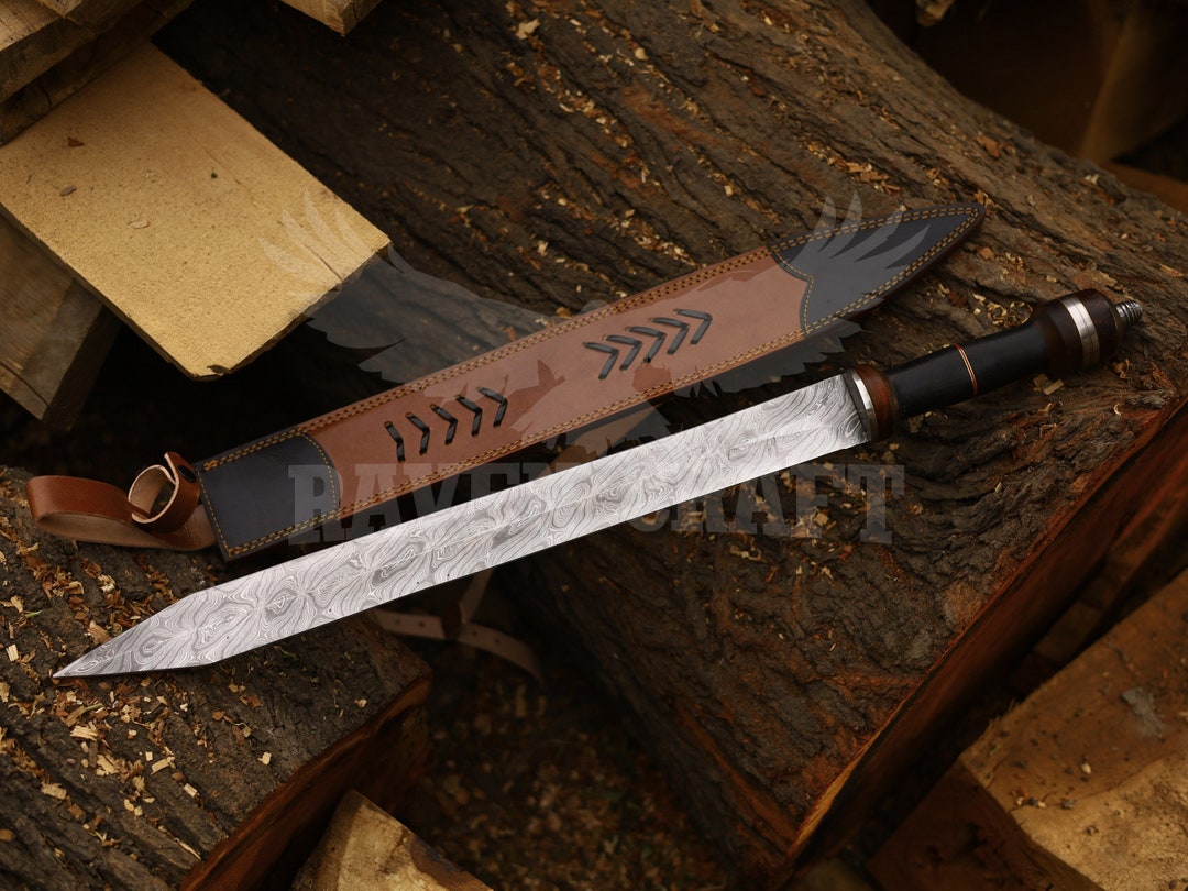 Handmade Damascus Steel Gladiator Sword: Rosewood Handle, Leather Sheath - Etsy