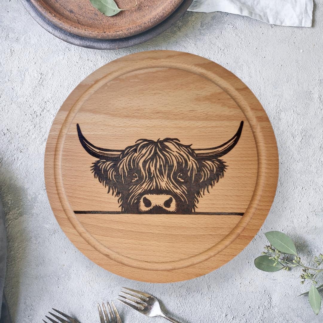 Highland Cow Wooden Chopping Board, Peeking Highland Cow Cheese Board ...