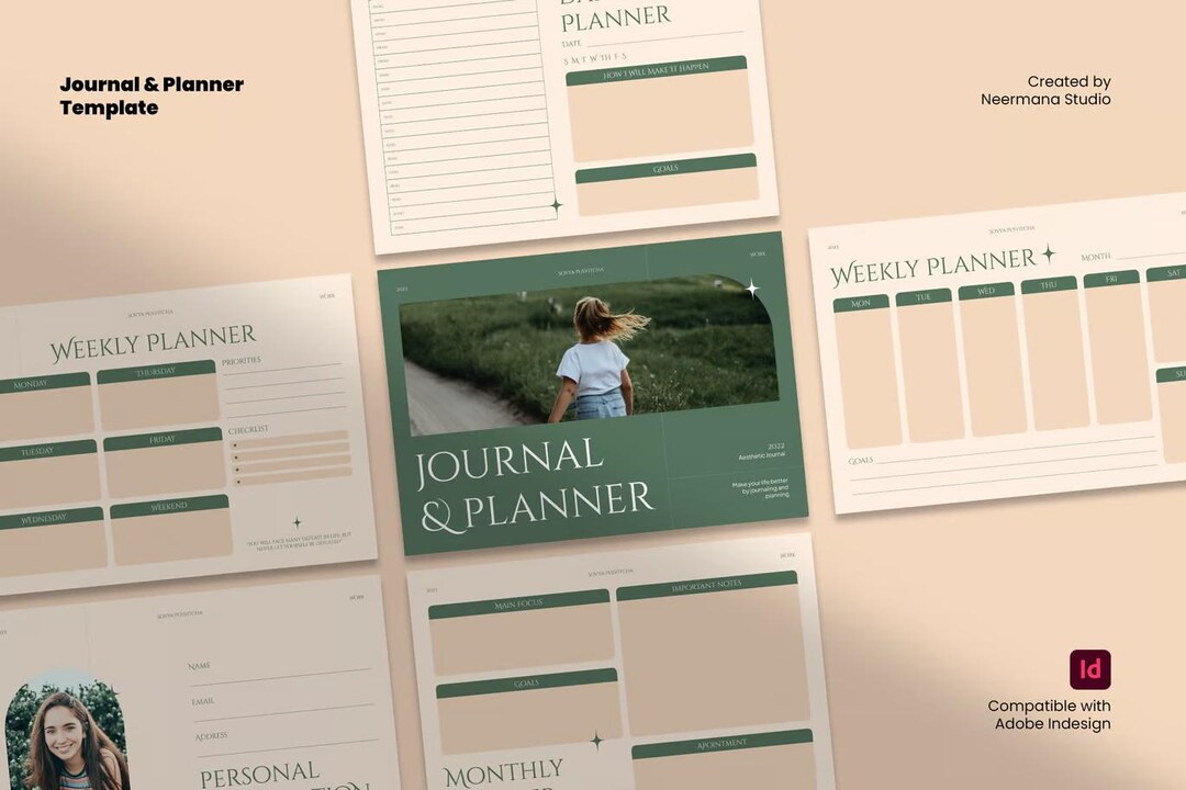 Indesign Journal & Planner Template, Green Aesthetic Planner, Weekly ...
