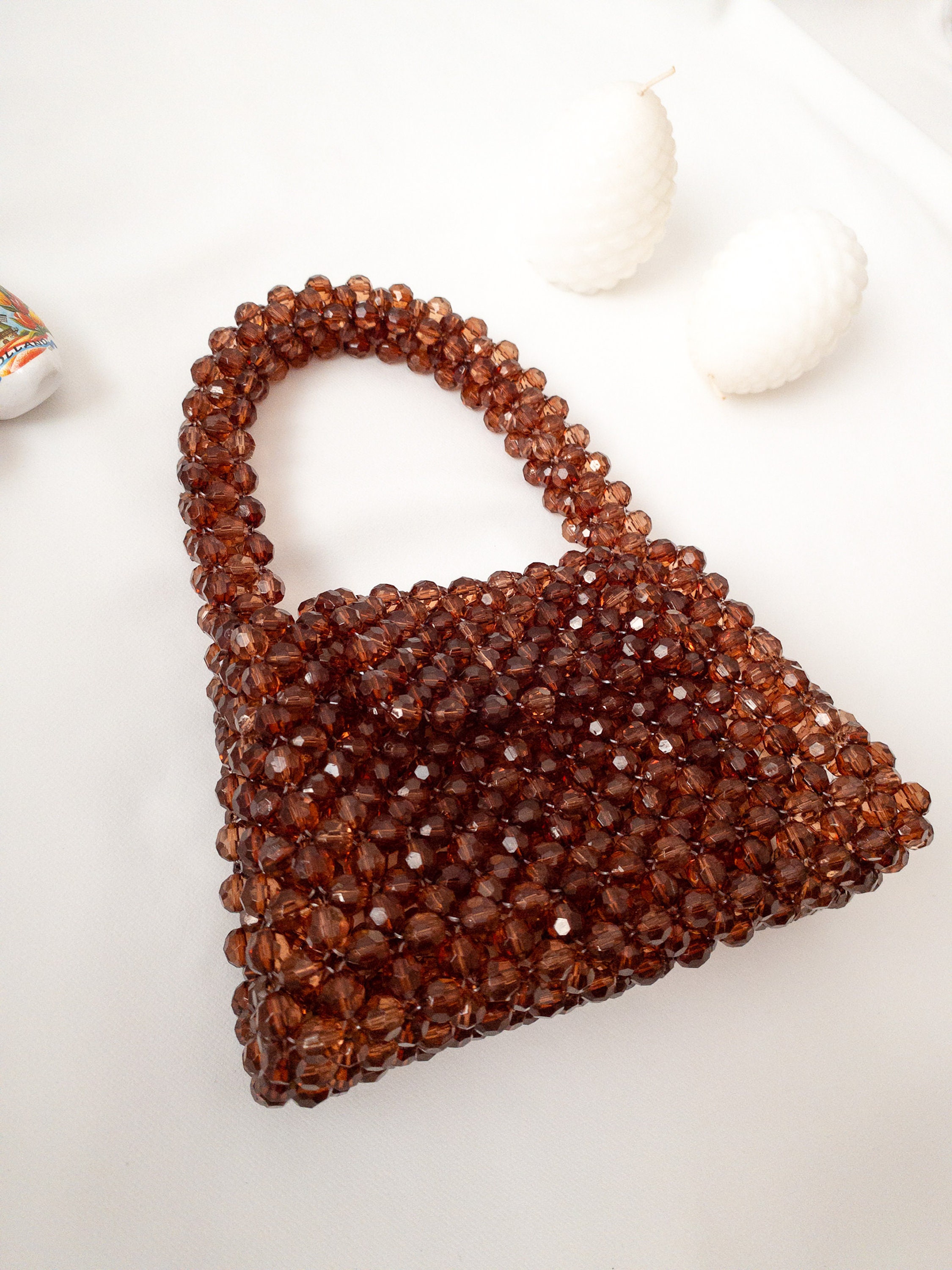 Brown Crystal Beaded Bag, Handmade Crystal Bags, Bead Bag, Beaded ...
