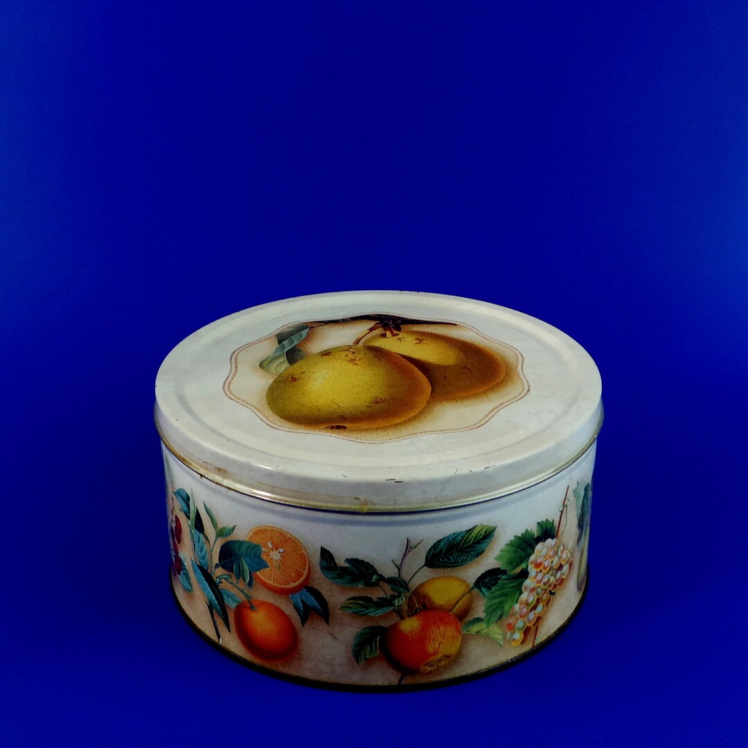 Vintage Large Round Tin Box Fruit Vintage Container Pears Oranges Red ...