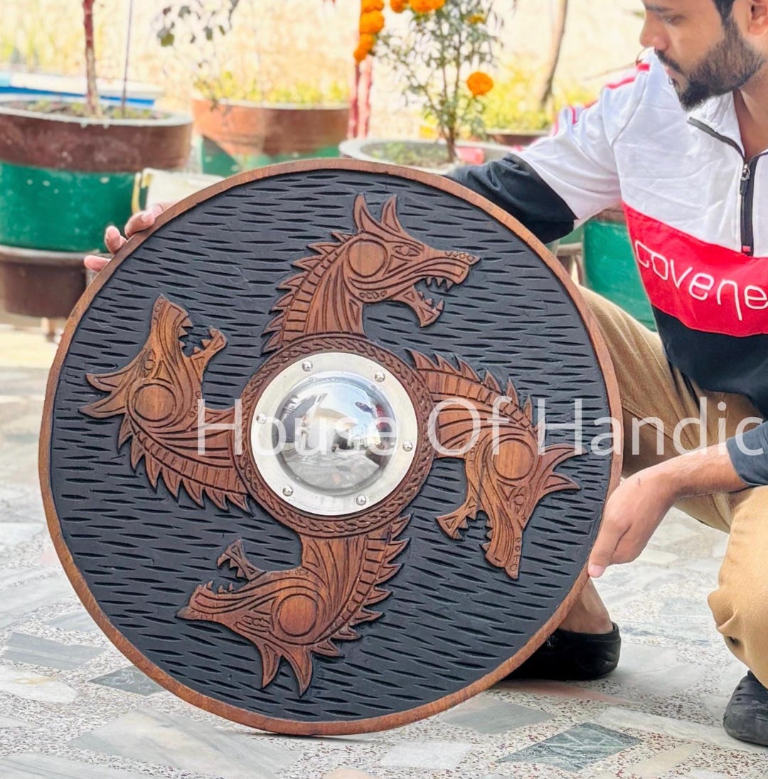 Handmade Viking Carved Wooden Shield 22,24,30,36 Inches Dragon Design ...