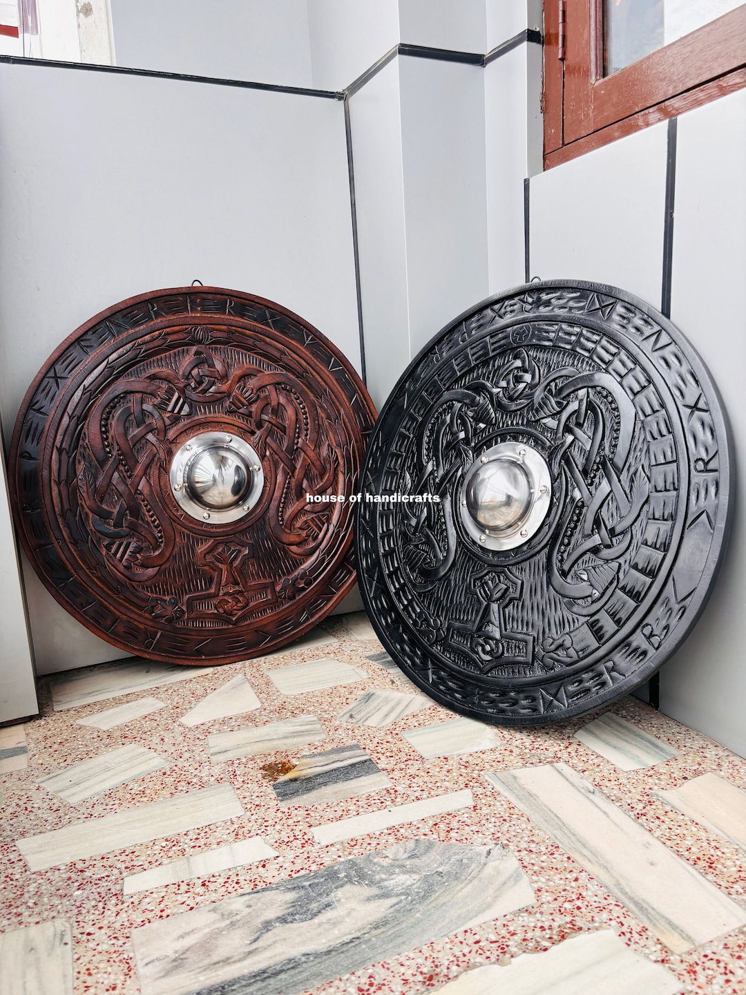 Wooden Carved Vikings Round Shield 24 and 30 Inches Black /brown Viking ...