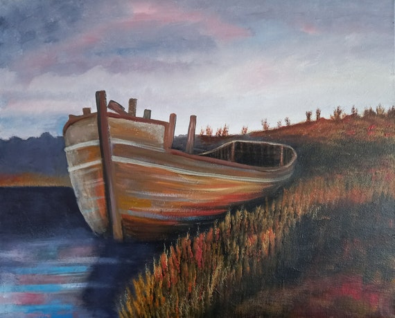 Old Boat Acrylic Paintings Three Night Sail Original Sailboat