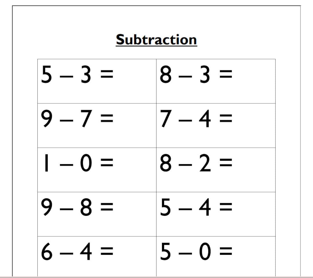 50 Single Digit Subtraction Worksheets - Etsy