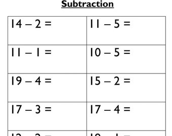 50 Subtraction Worksheets || Numbers Under 20 || 2 Digit Minus 1 Digit ...