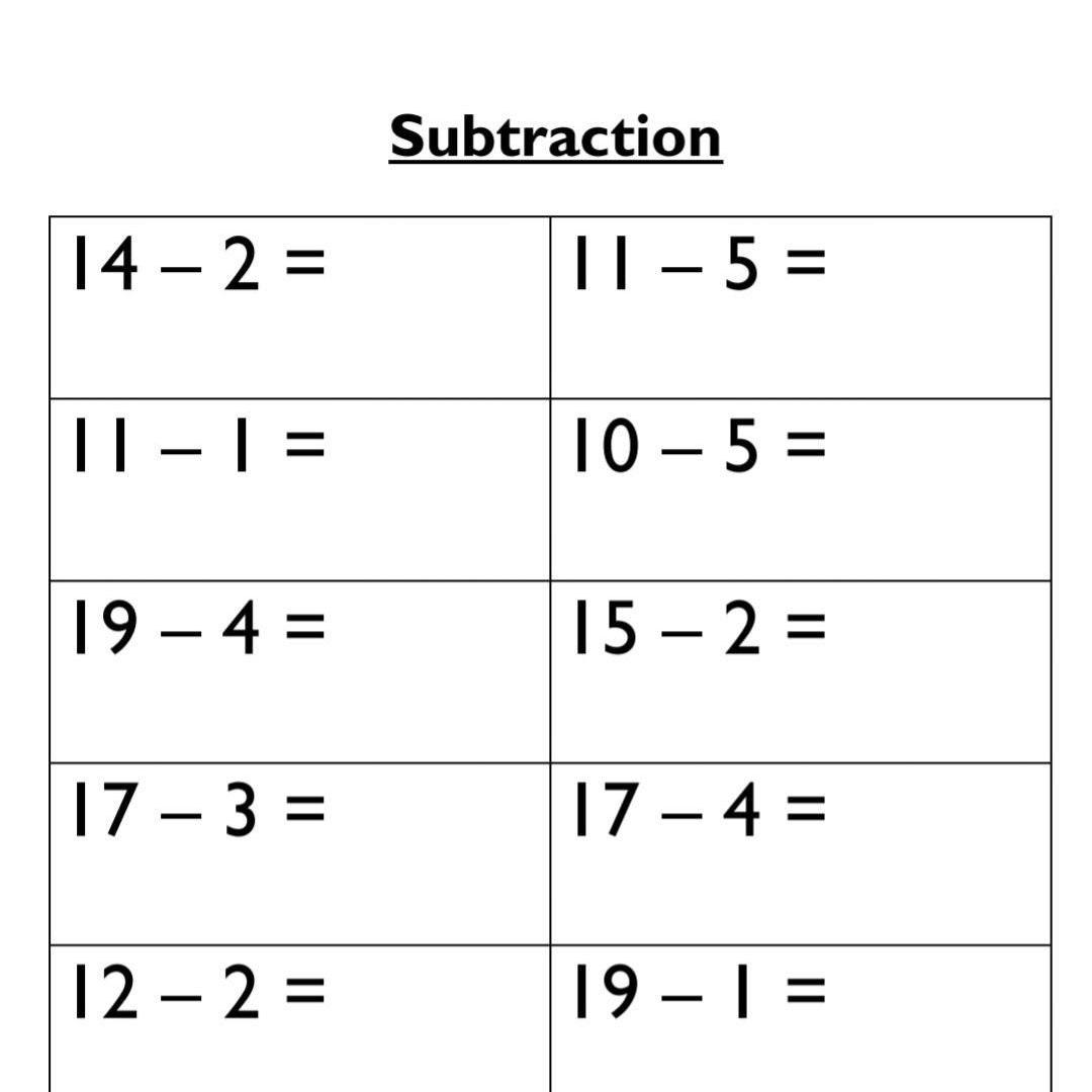 50 Subtraction Worksheets || Numbers Under 20 || 2 Digit Minus 1 Digit ...