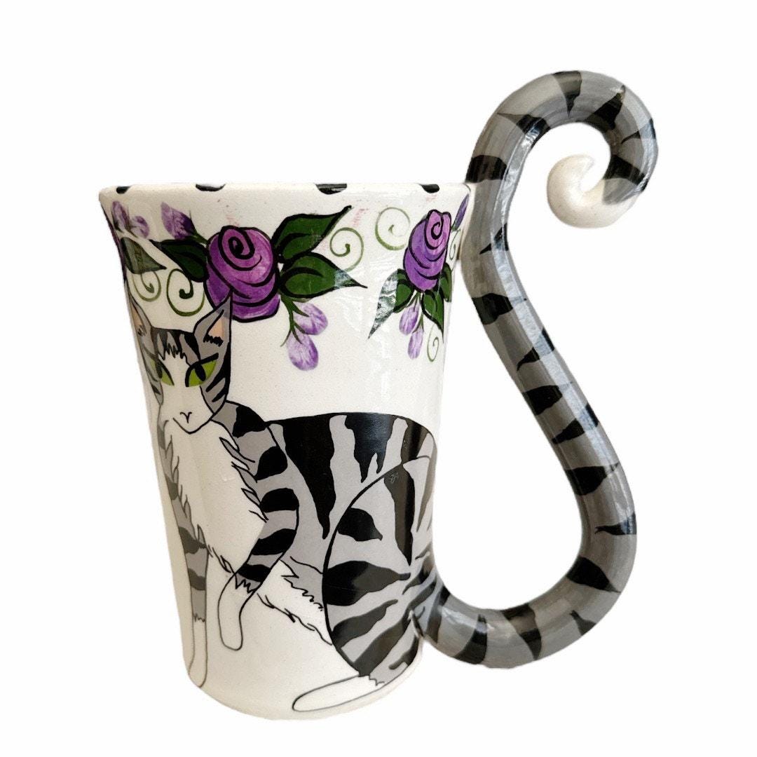 Vintage Hand Created Gray Tabby Cat Tea Coffee Mug Tail Handle - Etsy