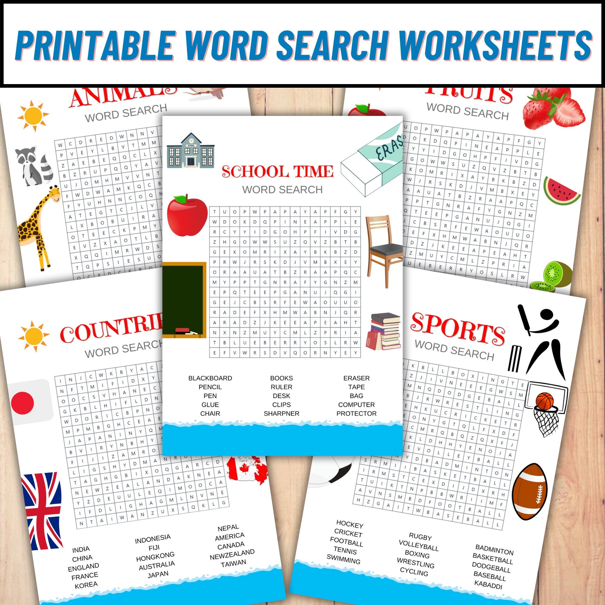 5 Word Search Printable Work Sheets Kids Activities - Etsy