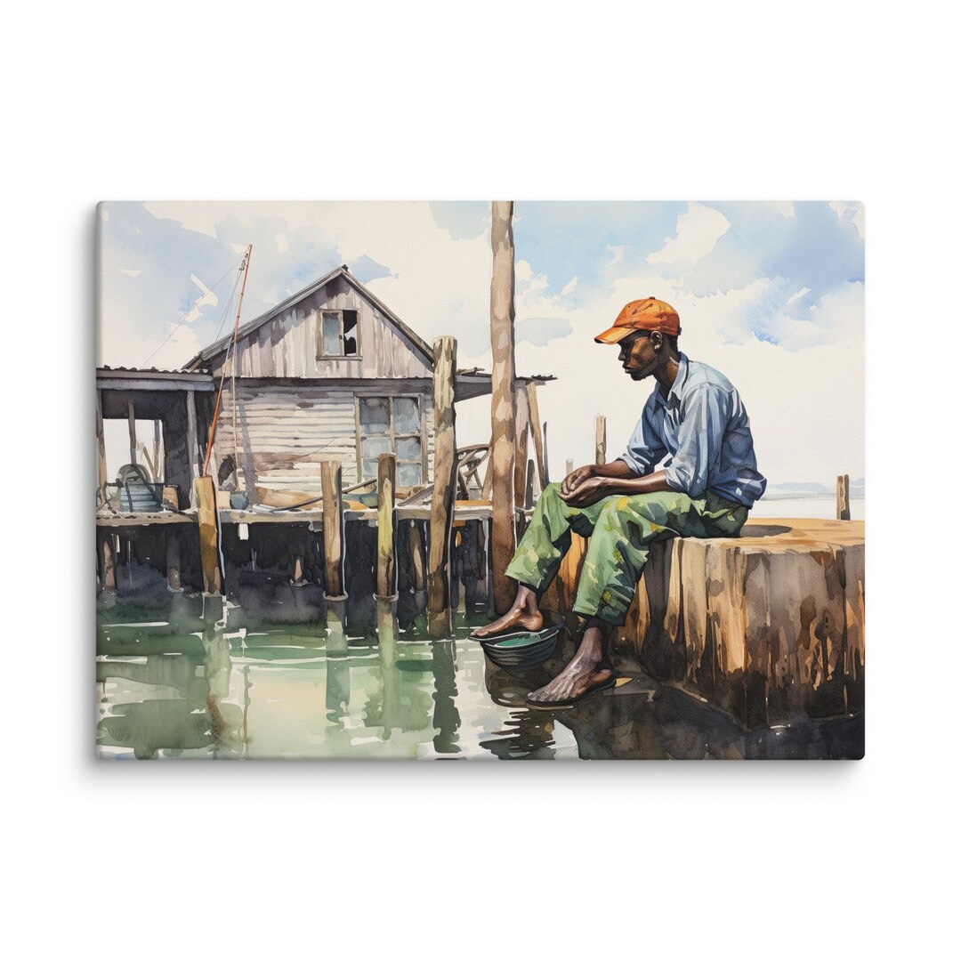 Gullah Art Original Watercolor Painting Sitting on the Dock Canvas ...